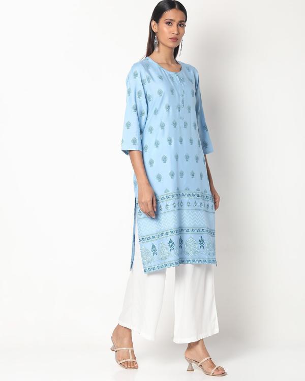 Block Print Straight Kurta with Button Placket - JioMart