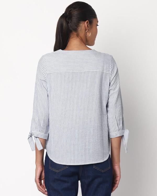 Striped Wrapped Shirt with Tie-Up Sleeve Hems - JioMart