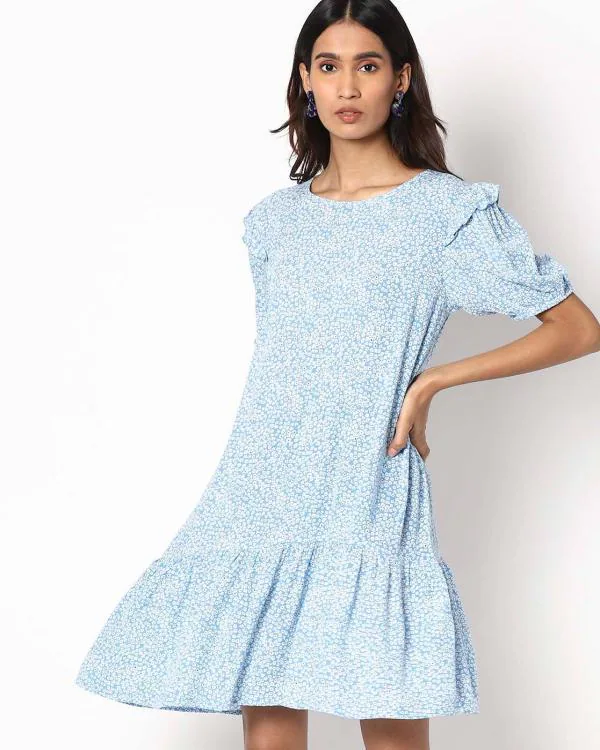 Floral Print Shift Dress with Ruffled Hemline - JioMart