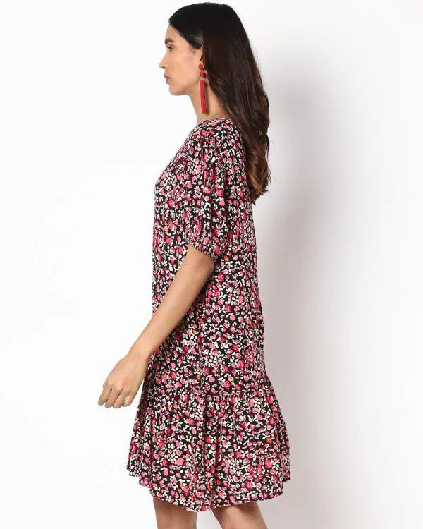 Floral Print Shift Dress with Ruffled Hemline - JioMart