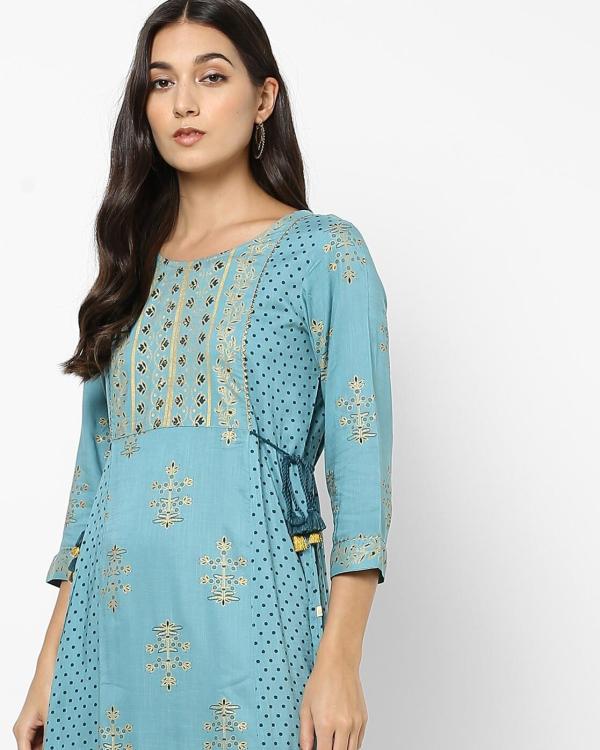 Block Print A-line Kurta with Side Tie-Ups - JioMart