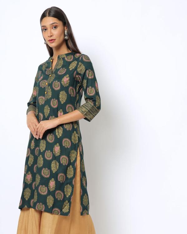 Block Print Straight Kurta with Notched Neckline - JioMart