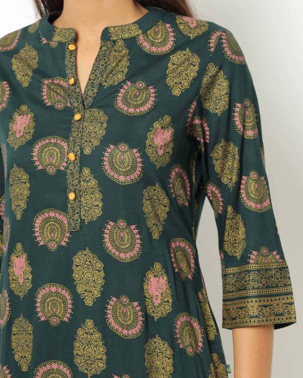 Block Print Straight Kurta with Notched Neckline - JioMart