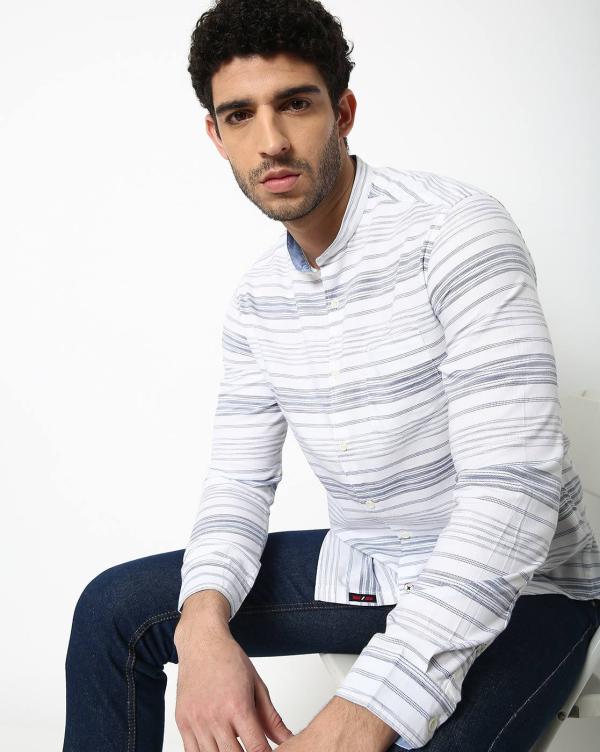 Striped Slim Fit Band-Collar Shirt - JioMart