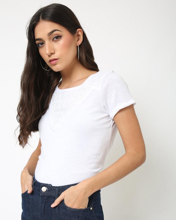 Lacy Yoke Round-Neck T-shirt - JioMart