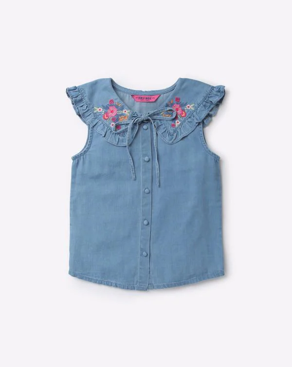 Embroidered Denim Top with Tie-Up - JioMart