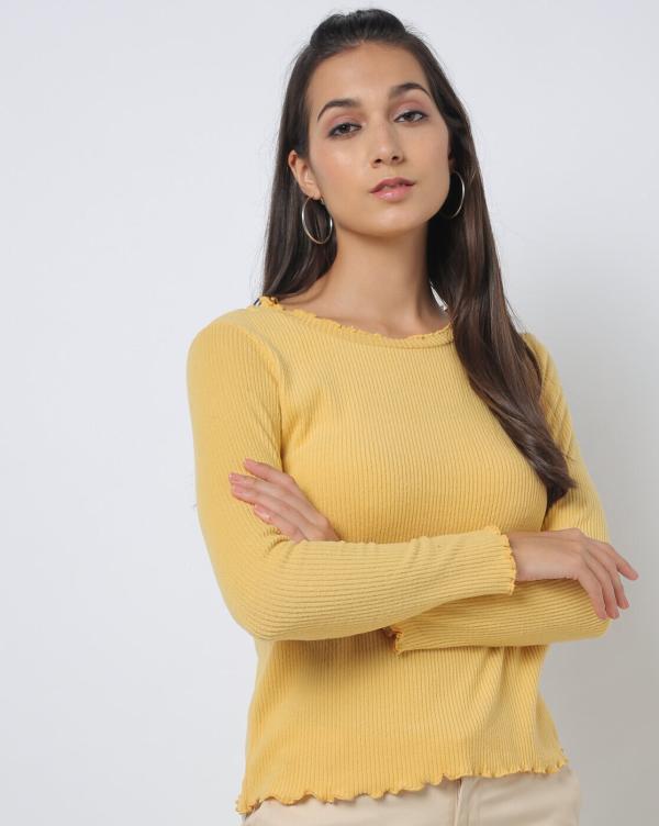 Ribbed Sweatshirt with Curved Hemline - JioMart