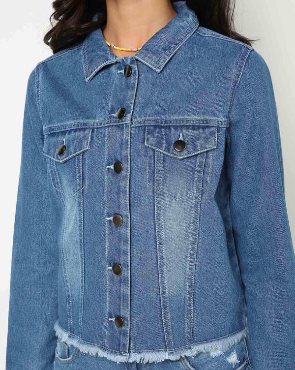 Panelled Denim Jacket with Frayed Hem - JioMart