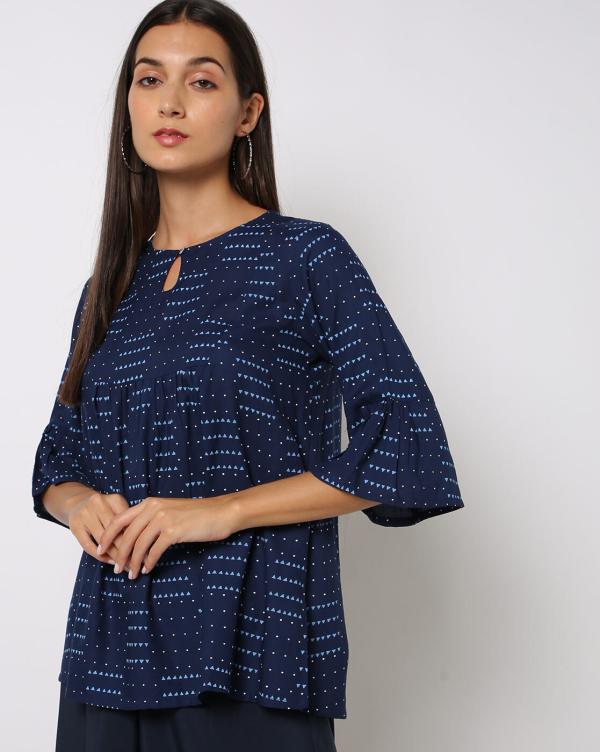 Printed Gathered Yoke Round-Neck Top - JioMart