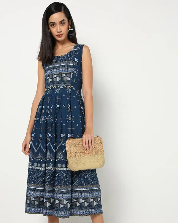 Geometric Print Round-Neck Fit & Flare Dress - JioMart