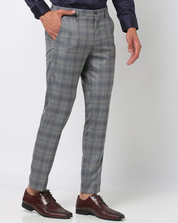 Checked Slim Fit Flat-Front Trousers - JioMart