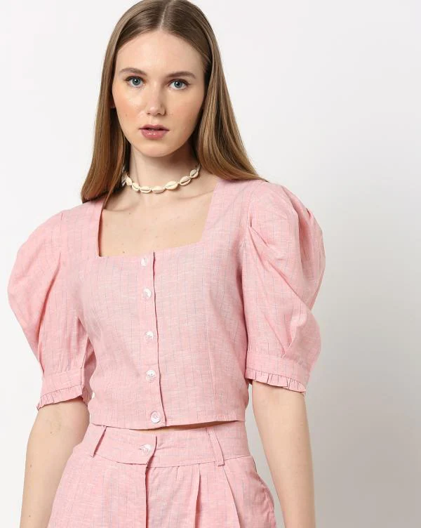 Striped Crop Top with Puff Sleeves - JioMart