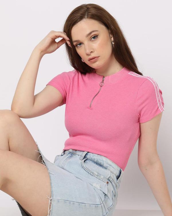 Ribbed Zip-Up Top with Printed Taping - JioMart