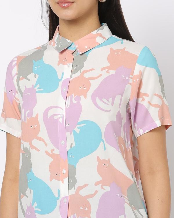 Cat Print Shirt with Spread Collar - JioMart