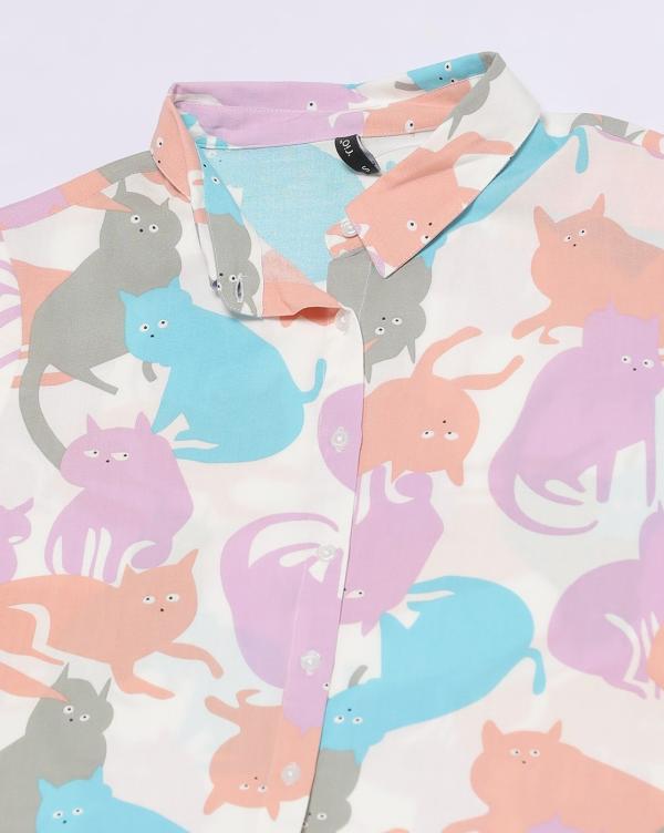 Cat Print Shirt with Spread Collar - JioMart