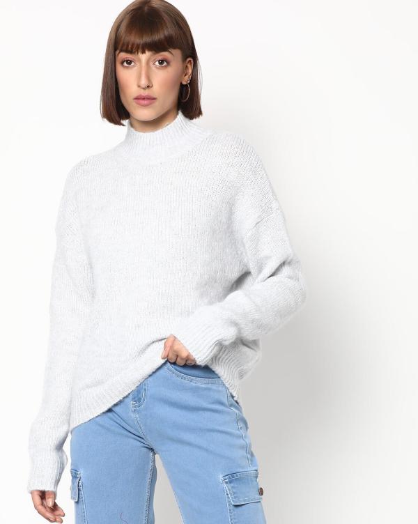 High-Neck Pullover with Drop-Shoulder Sleeves - JioMart