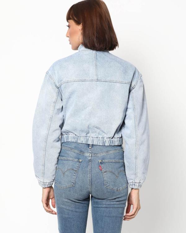 Washed Zip-Front Cropped Denim Jacket - JioMart