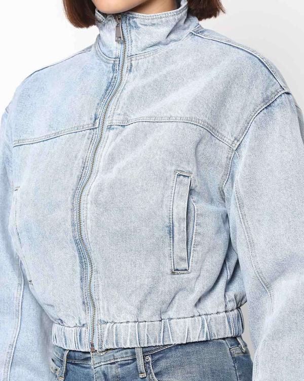 Washed Zip-Front Cropped Denim Jacket - JioMart