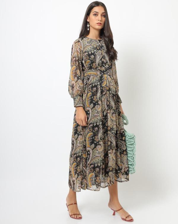 Paisley Print Gown with Detachable Belt - JioMart