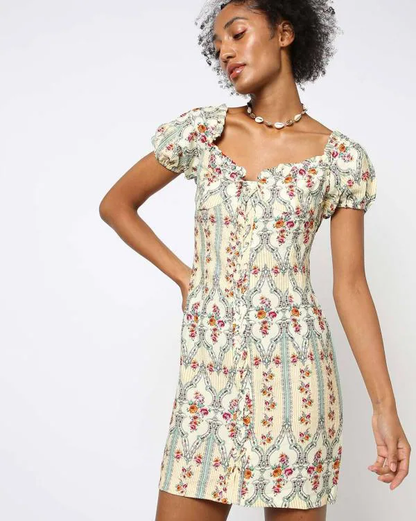 Floral Print Bodycon Dress with Puff Sleeves - JioMart