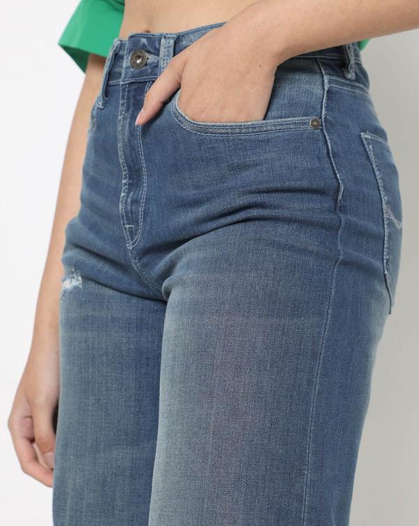 Lightly Washed Distressed Flared Jeans - JioMart