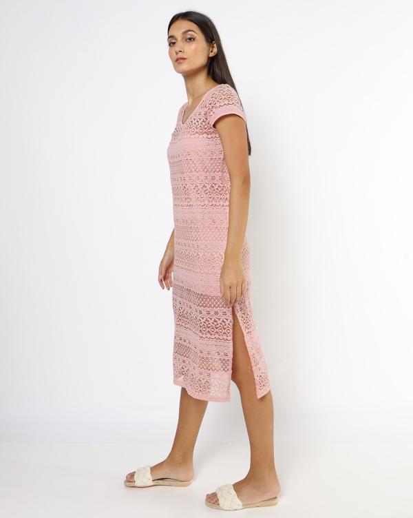 Sheer Lace Shift Dress with Side Slits - JioMart