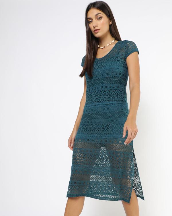 Sheer Lace Shift Dress with Side Slits - JioMart