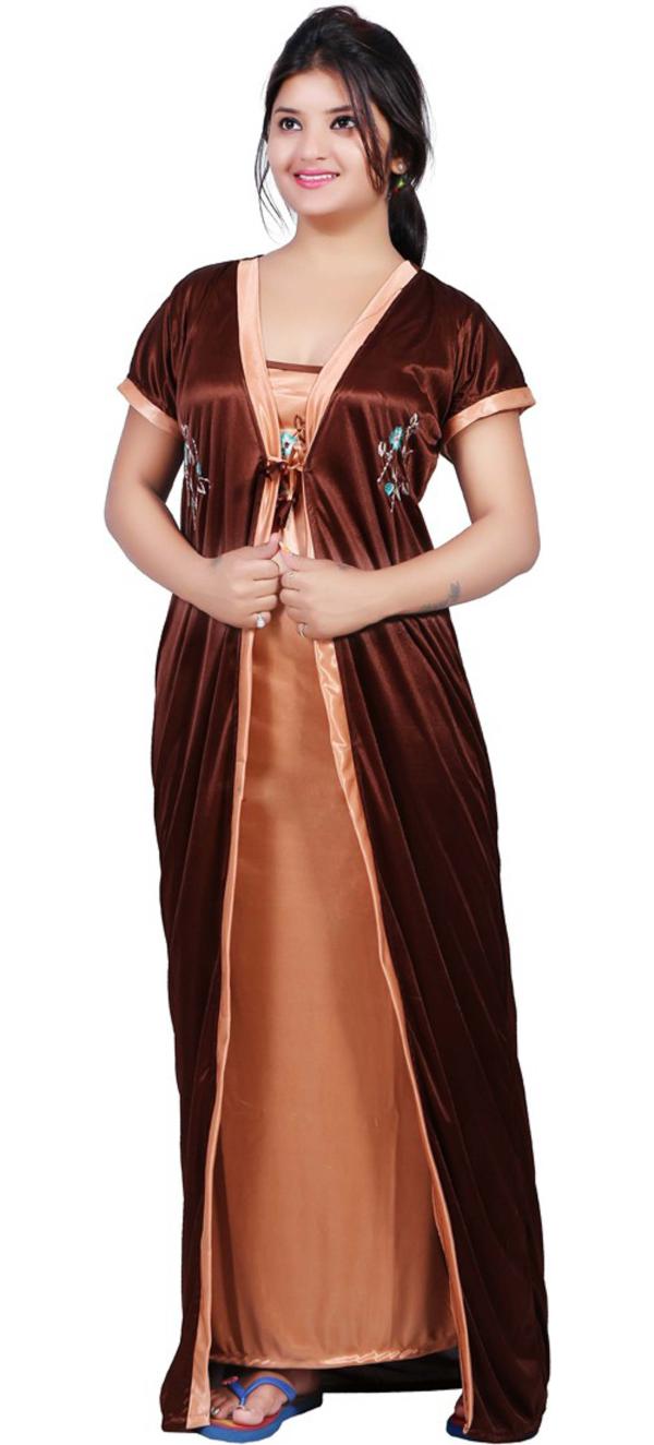 Ultraviolet Women Brown, Beige Solid Satin Nighty - JioMart