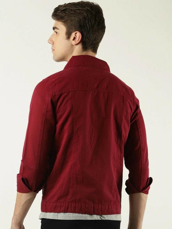 Klizen Men Maroon Solid Denim Full Sleeve Jacket - JioMart