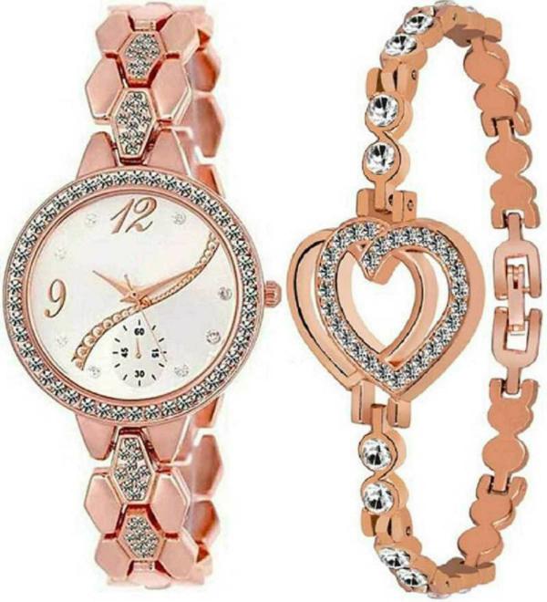 Amience Analog White Dial Rose Gold Strap Watch With Bracelet For Girls ...