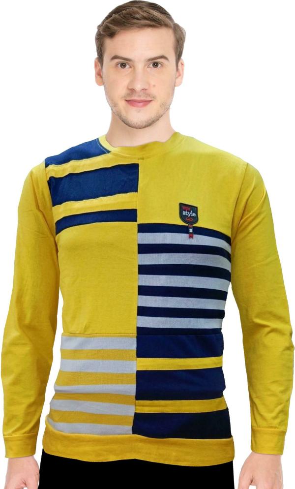 RDS GARMENT HUB Men Yellow Cotton Blend Striped Tshirt (M) - JioMart
