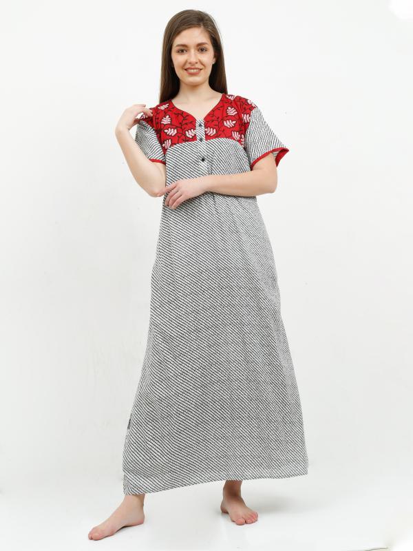 RnP Black and White Striped Neck Embroidery Nighty - JioMart