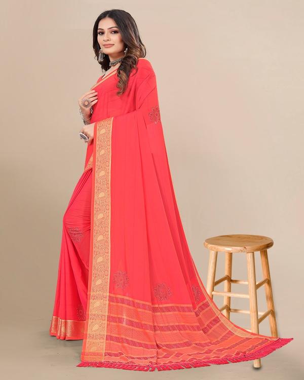 Rekha Maniyar Chiffon Gajari Color Solid & StoneWork Saree for Women ...