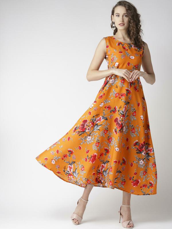 U&F Women Orange Floral Crepe Single Dress - JioMart