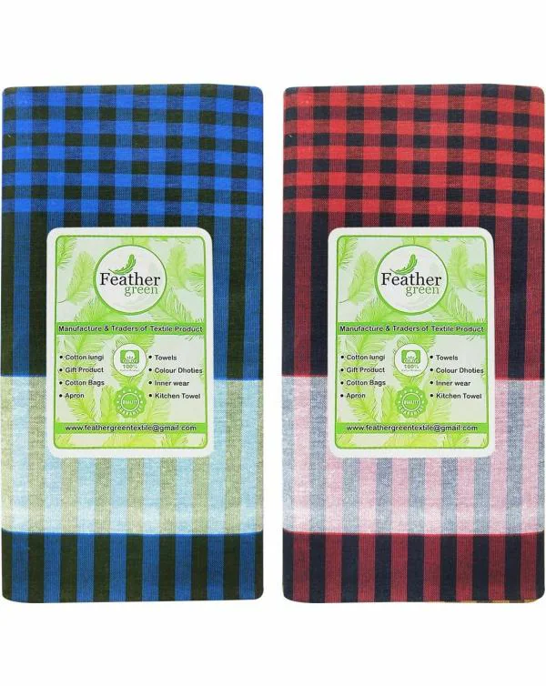Feather Green Men Blue and Red Checkered Cotton Blend Lungi - Free Size ...
