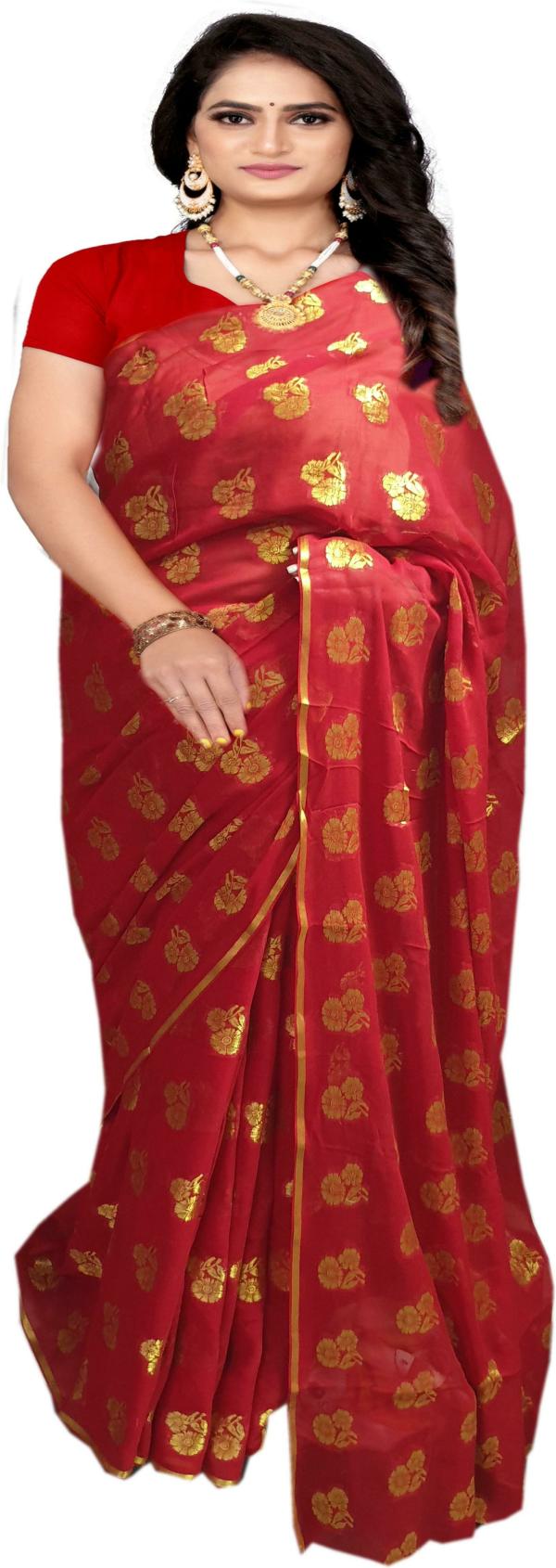 Stylish Sarees Women Red Woven and Floral Print Viscose Rayon Saree ...