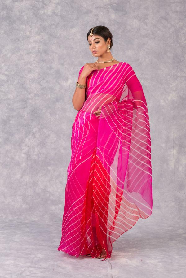 Kishori Women's Lehariya and Zari Weaving Border Organza Saree and ...