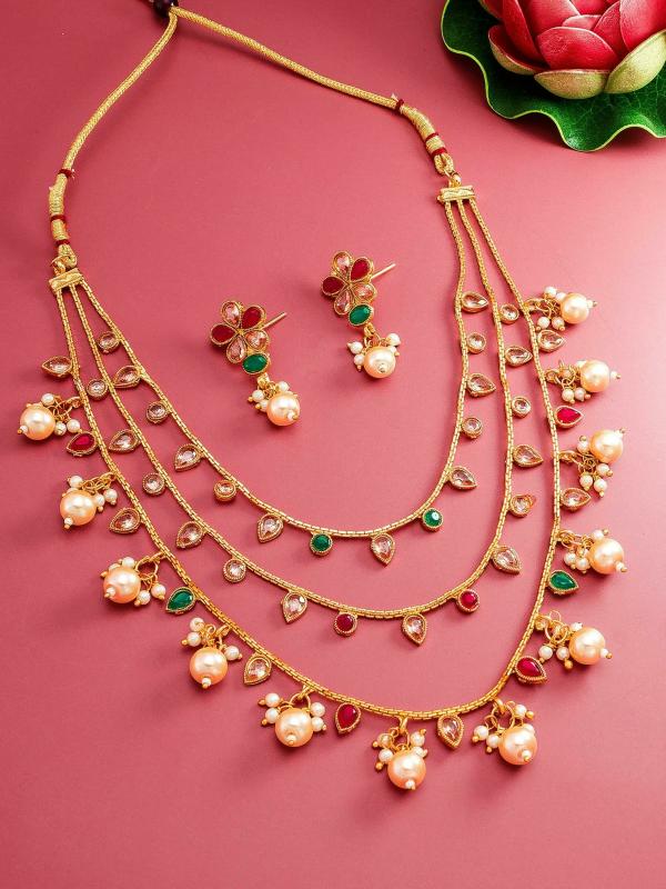 AADITA Gold-plated Brass Necklace, Chain & Earring Set (Multi Color ...