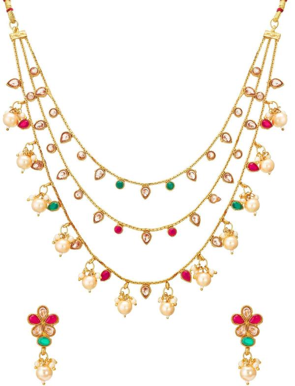 AADITA Gold-plated Brass Necklace, Chain & Earring Set (Multi Color ...
