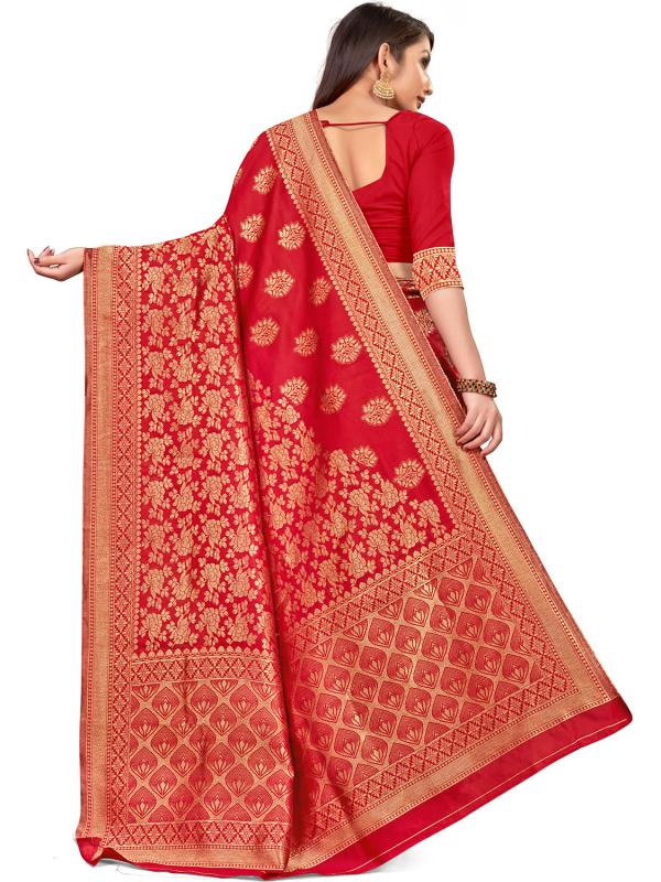 Leeza Store Women Red Silk Blend Jacquard Woven Ethnic Motifs Butta Butti Golden Zari Banarasi ...