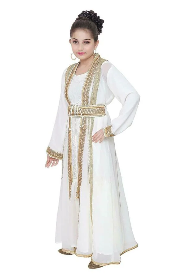 Maxim Creation Girls White and Gold Polyester Arabian Cardigan Dress ...