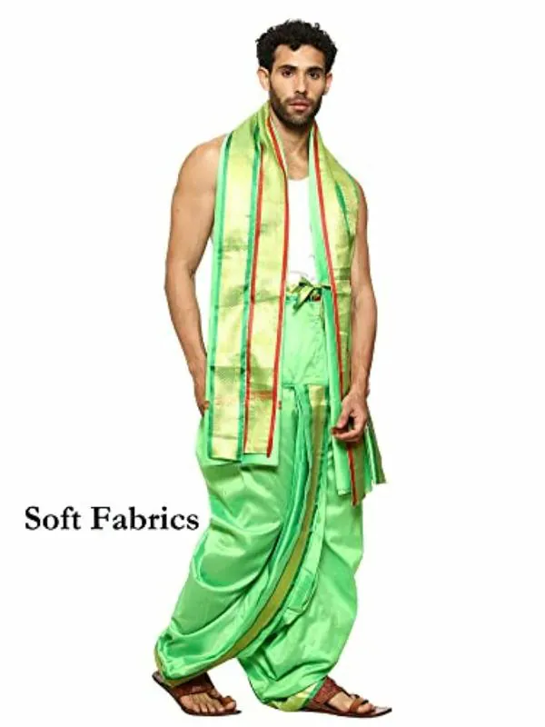 Rameshwaram Fabrics Men Green Silk Dhoti with Stole Set - JioMart
