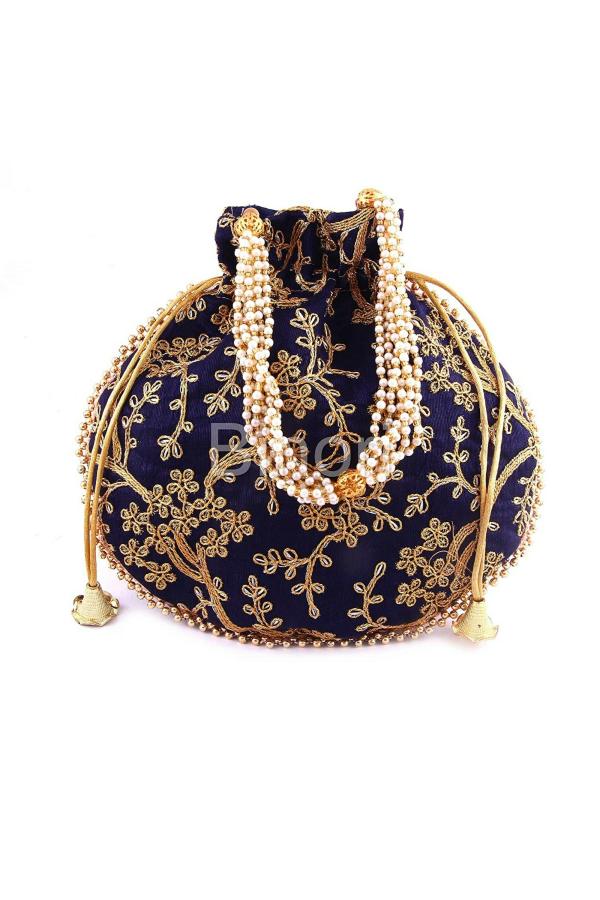 Binori Navy Blue Rajasthani Style Royal Clutch Silk Potli - JioMart