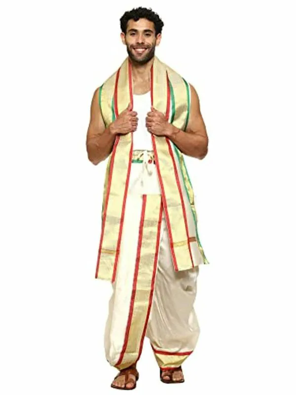 Rameshwaram Fabrics Men Cream Silk Dhoti with Stole Set - JioMart