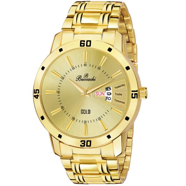 Buccachi Gold Dial Day & Date Functioning Stainless Steel Gold Strap ...
