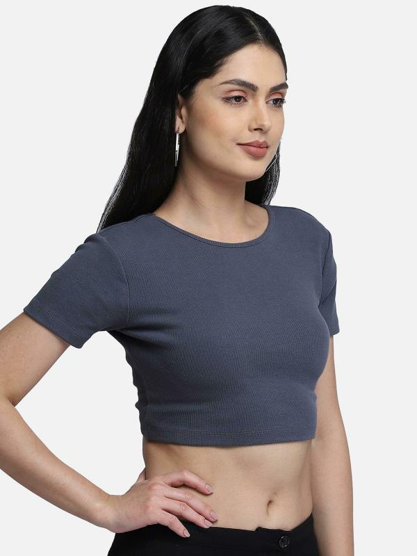 Yaadleen Women Blue Solid Pure Cotton Crop Top (XXL) - JioMart