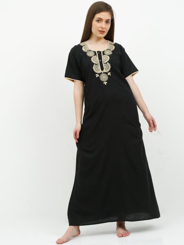 RnP Black Neck Embroidered Cotton Nighty - JioMart