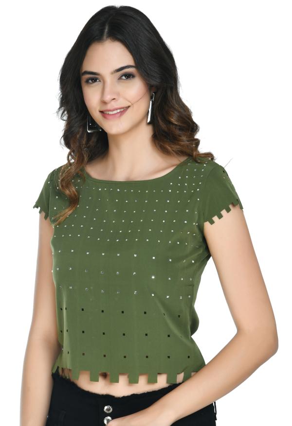 PREEGO Women Green Self Design Crop Top - JioMart