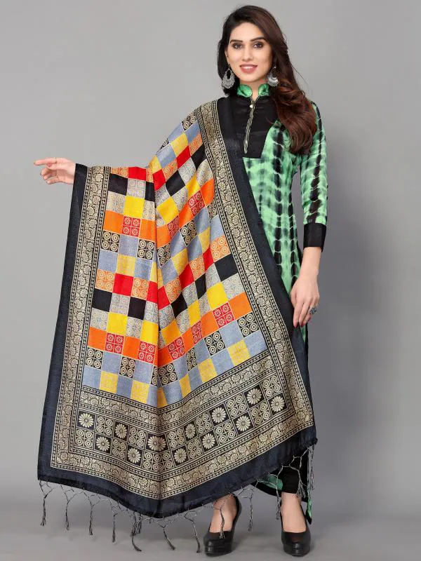 SVENJA Black Mysore Silk Checks Print Dupatta_( GOR_D002 ) - JioMart