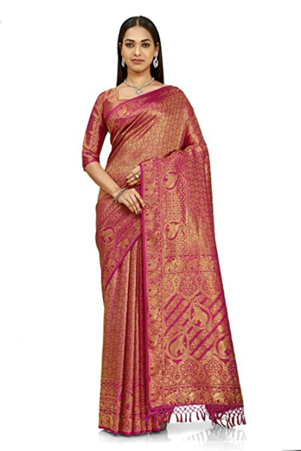 Flourious Pink Kanjivaram silk crafted Zari Woven Saree with Unstitched ...